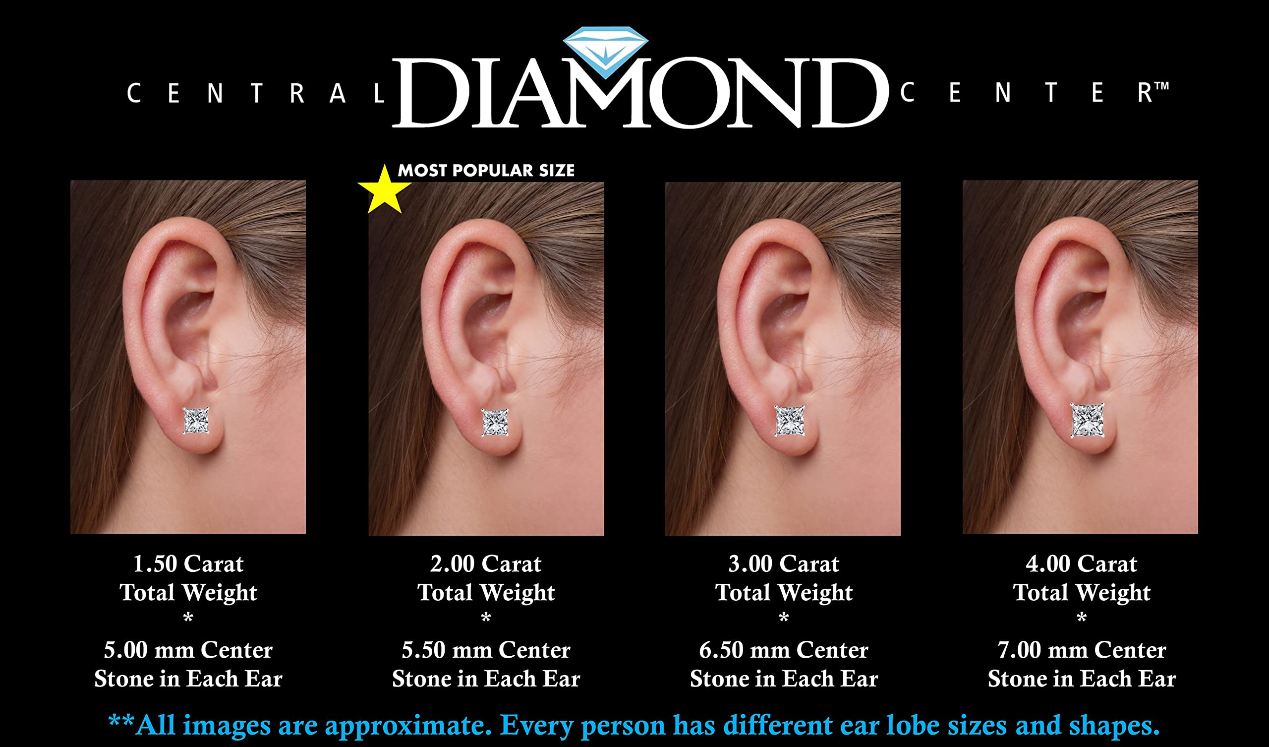 Central Diamond Center 14K Gold Posts & Sterling Silver Princess Cut CZ Stud Earrings - 5.0mm 1.50cttw - Yellow Gold Plated