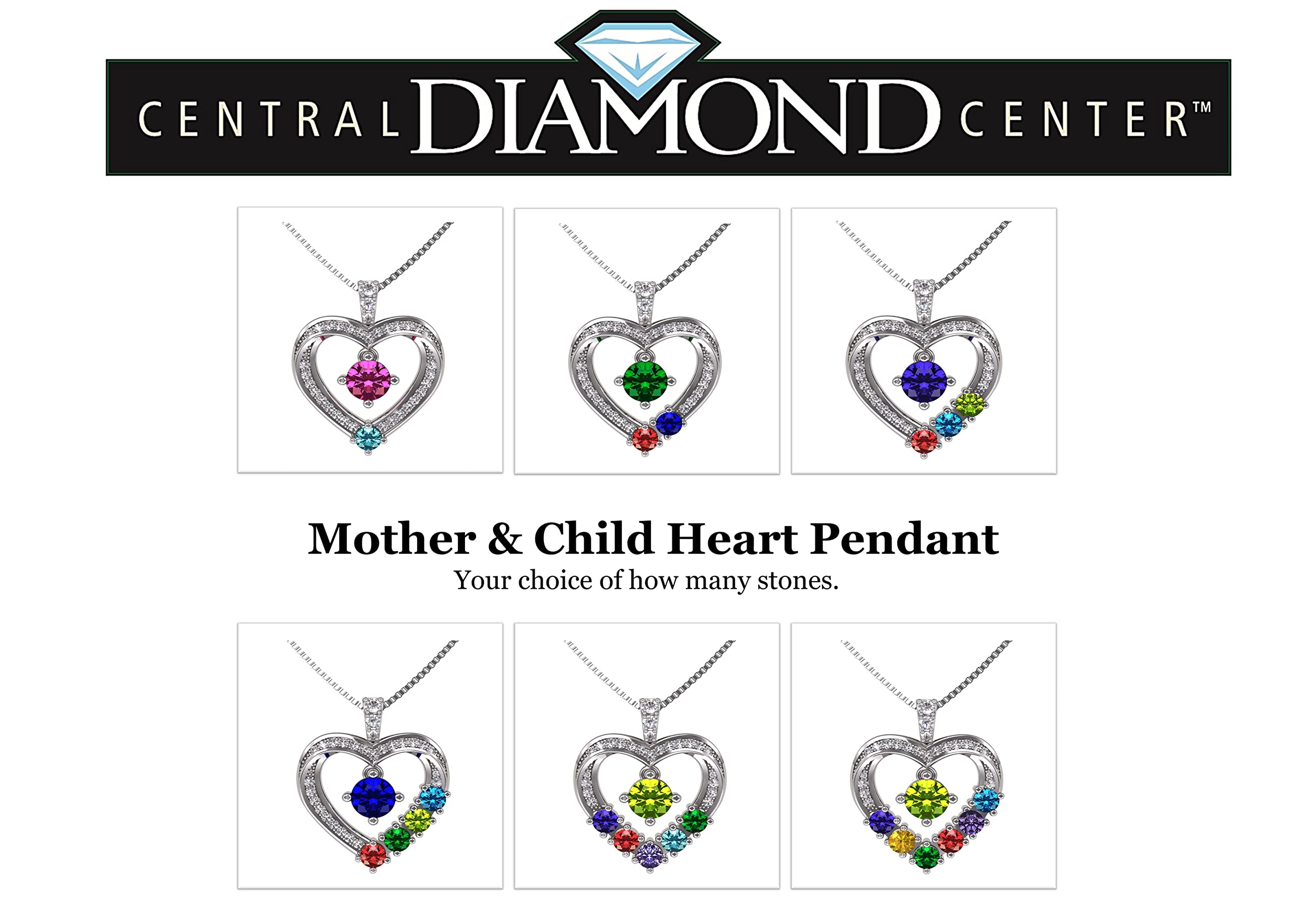 Central Diamond Center Mother & Child Heart Birthstone Necklace 1-6 Stones w/ 22" Adj. Box Chain -Silver Platinum Plated