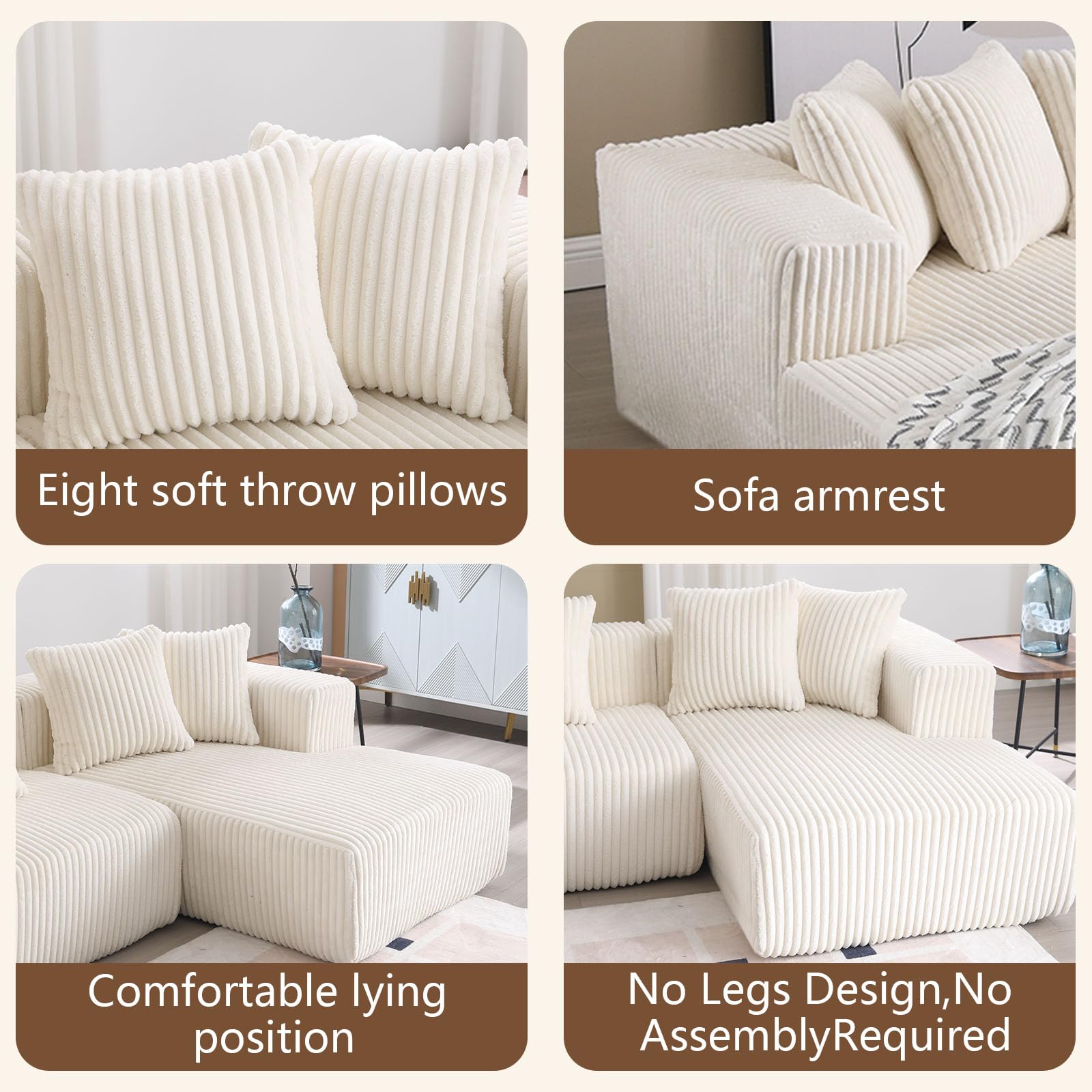 HANLIVES 130" Oversized 6 Seats U-Shaped Sofas for Living Room Apartment,Modern Large Cloud Sofa with Double Chaise,Corduroy Fabric Sectional Sofa Couch-White