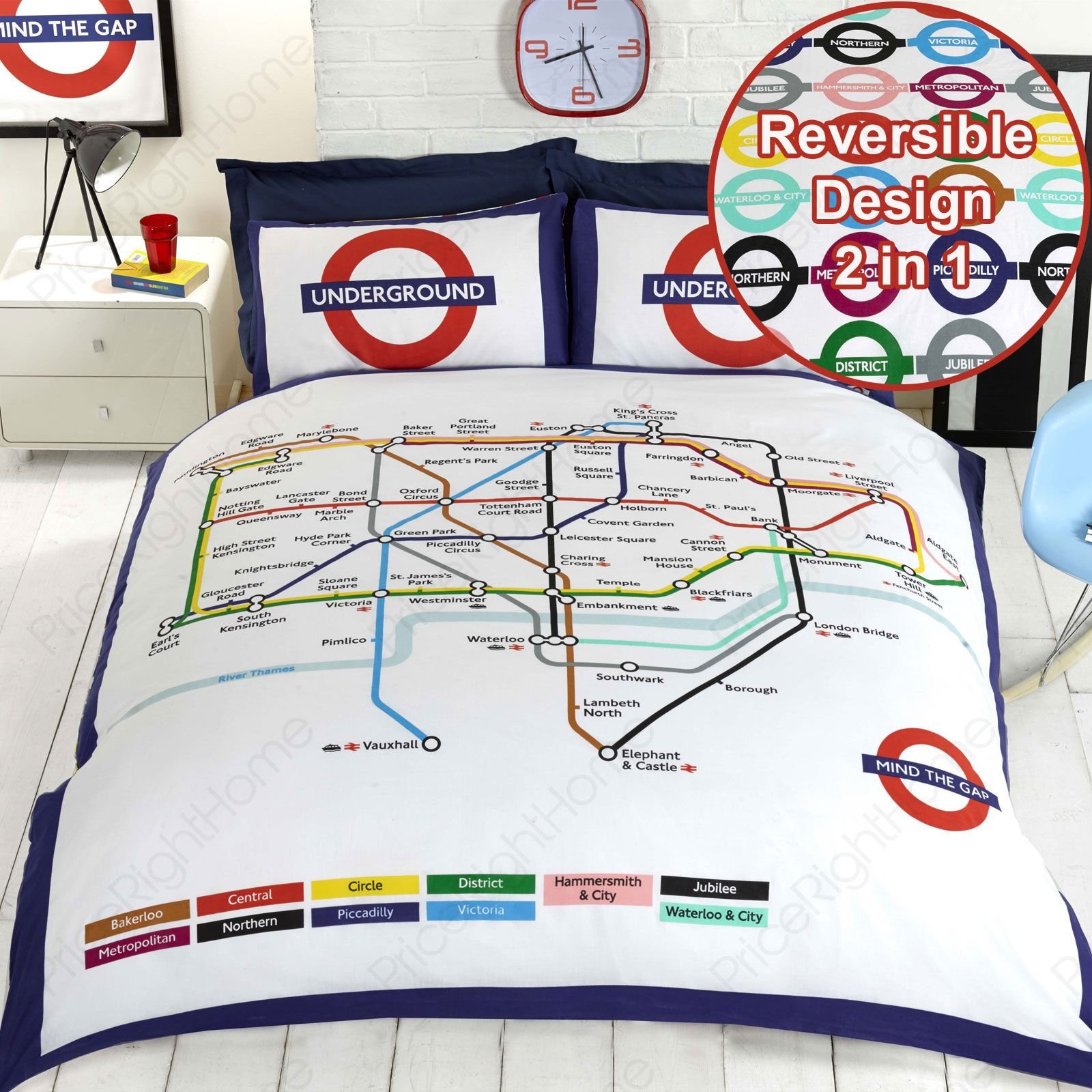 Homespace Direct London Undgerground Tube Duvet Cover & Pillowcase Bedding Set Double