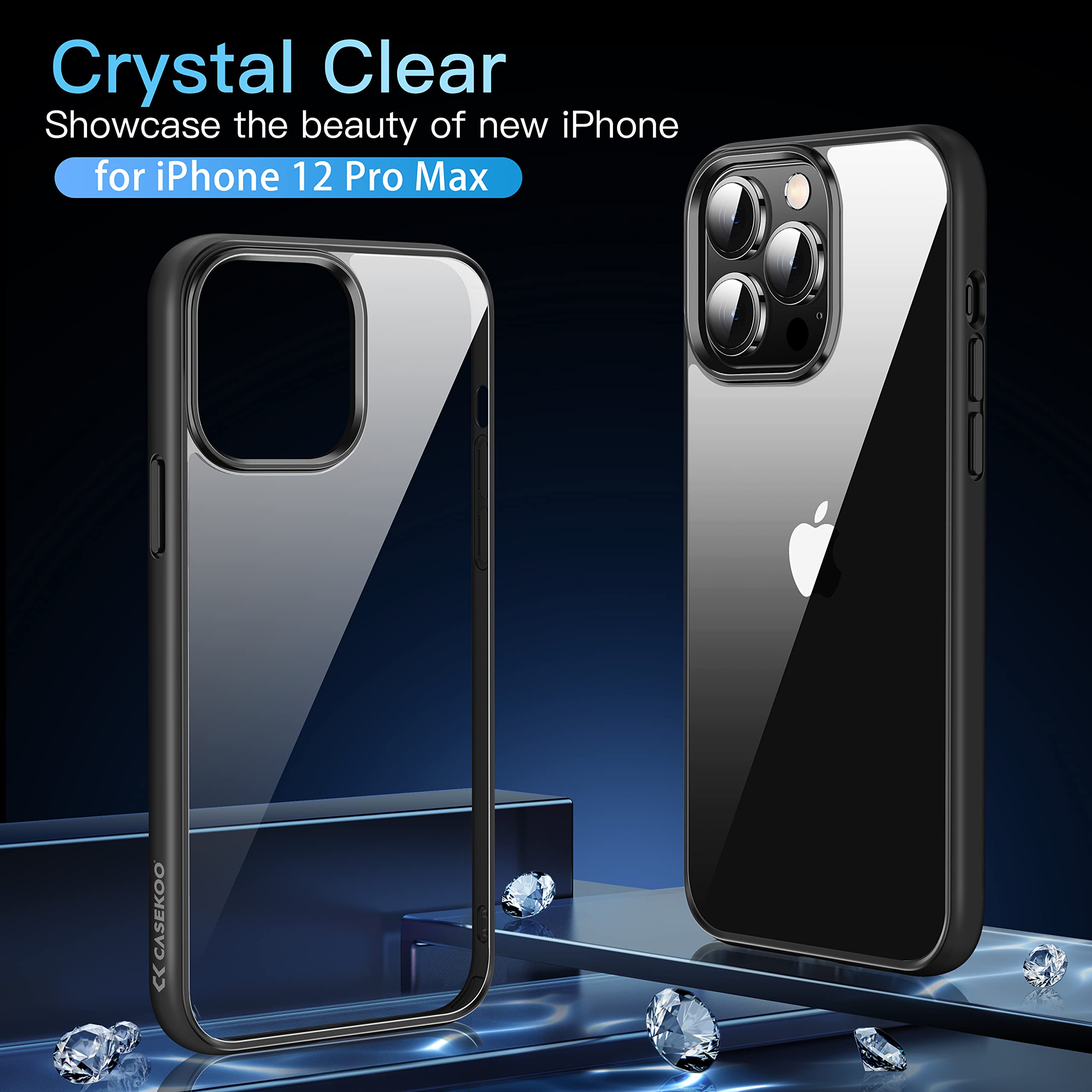 CASEKOO Crystal Clear Designed for iPhone 12 Pro Max Case, [Not Yellowing] [Military Grade Drop Tested] Shockproof Protective Phone Case Slim Thin Cover 5G 6.7 inch 2020, Black