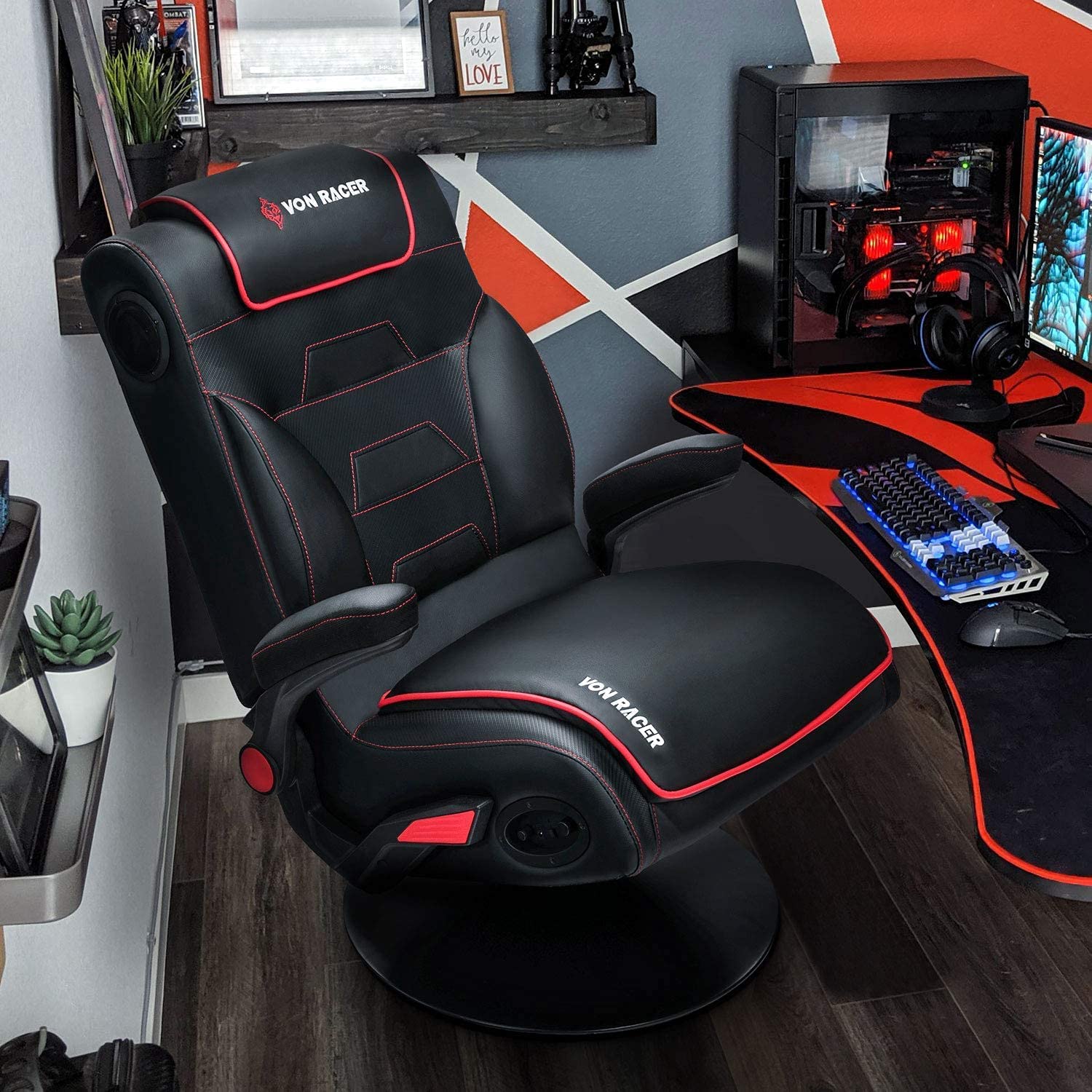 VON RACER Video Game Chair with Speakers, 2.1 Audio Foldable Floor Gaming Chair, Pedestal PC Chair 2 Speakers and 4” Subwoofer