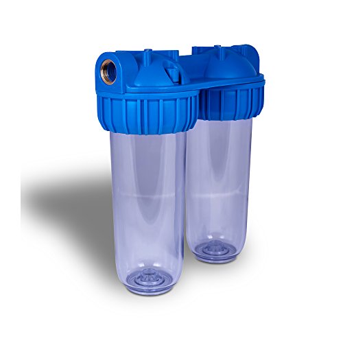 Dual Whole House Water Filter System, Transparent Standard Housings, Presser Relief Button, 3/4β Inlet/Outlet Brass Port, Meets NSF Standards & Regulations (Carbon and Wound String Sediment Filters)