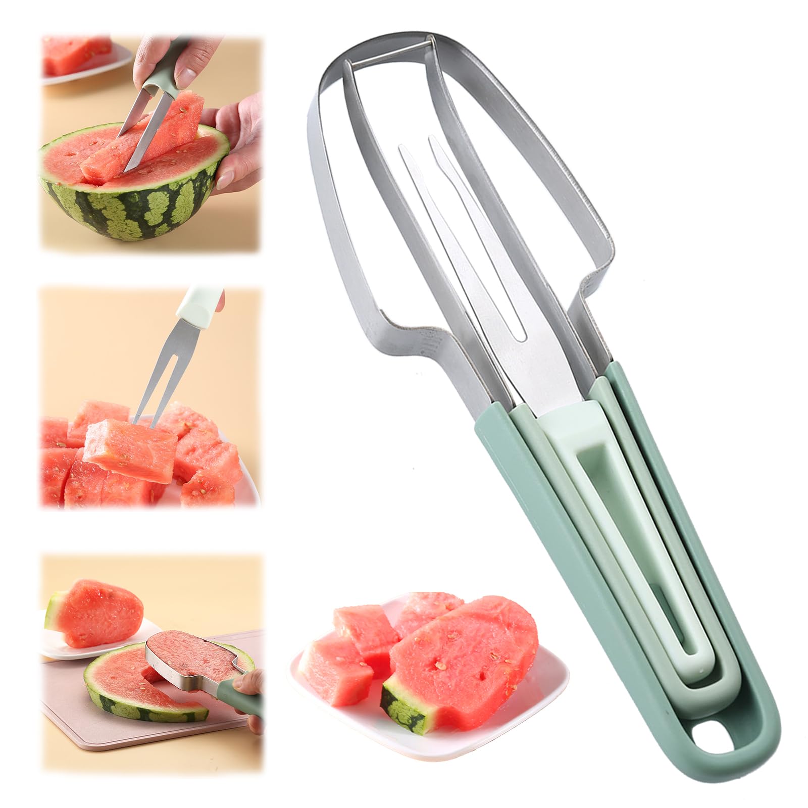 FANTEXY 3-in-1 Watermelon Fork Slicer Cutterļ¼Stainless Steel Watermelon Popsicle Cutter Watermelon Cutter Slicer Tool Melon Cutter Knife Portability Fruit Fork for Camping Kitchen Gadgets
