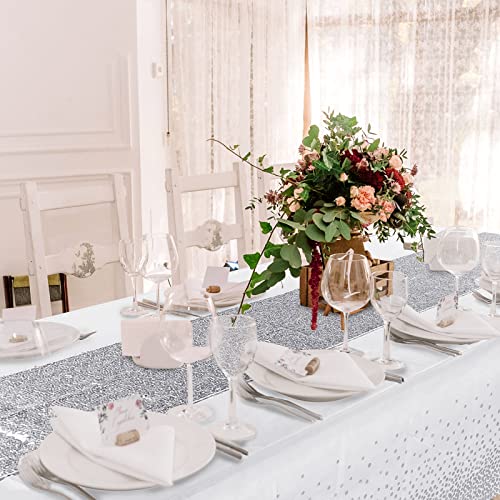 Tablecloth and Sequin Table Runner Set Polka Dots Confetti Table Cover Dining Plastic Table Cloths Glitter Decorations for Birthday Wedding Anniversary Party Supplies (White, Silver, 2 Pcs)
