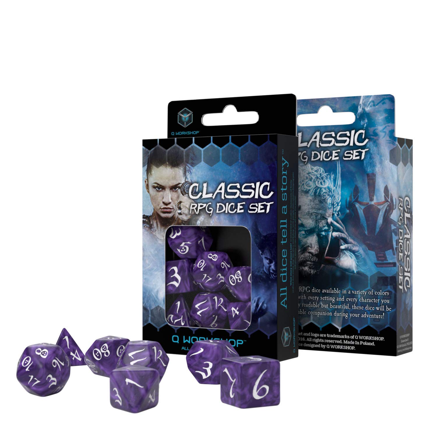 Q WORKSHOP Classic Lavender & White RPG Ornamented Dice Set 7 polyhedral Pieces