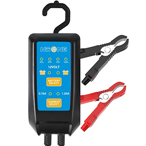 NOONE 1.25Amp Battery Trickle Charger Maintenance 12V Automatic Smart Battery Charger for Boats Motorcycles ATVs Riding Mowers & Car Truck SUV RV with Smart 7 Stage Charging & Power Indicator