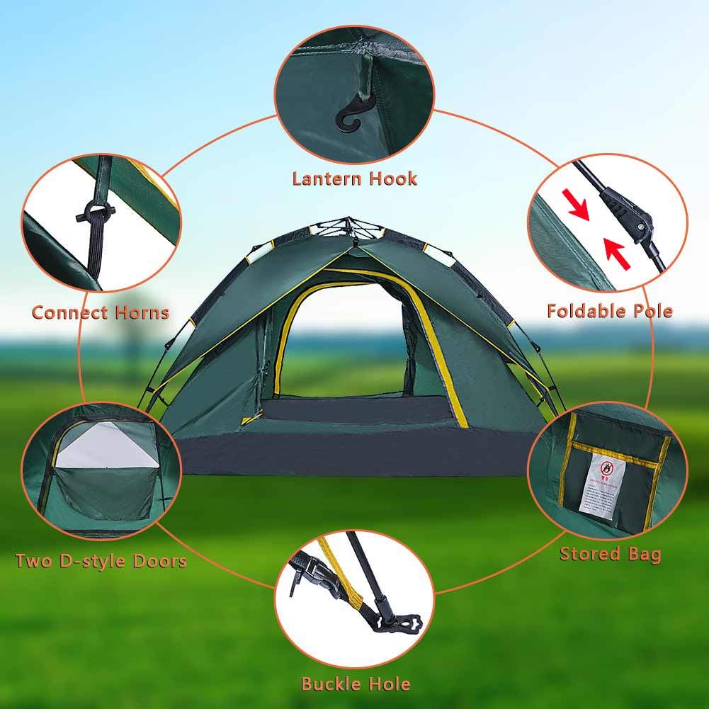 Camping Draw Rope Tent 3-4 Person Double Layer Waterproof Pop Up Quick Setup Family Outdoor Tents UV Protection with Carry Bag