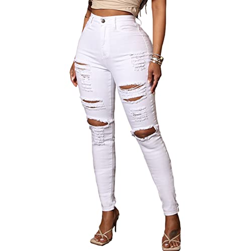 LONGBIDA Skinny Ripped Jeans for Women High Waisted Stretch Butt Lifting Jeans Slim Fit Distressed Denim Pants Pull On Jeggings Jeans(White,XXL)