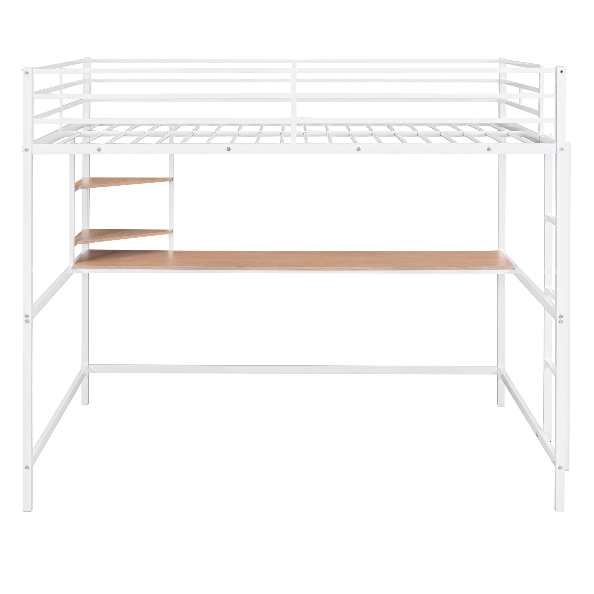 Full Size Loft Bed with Desk and Storage Shelves,Heavy-Duty Loft Bed Full for Kids,Metal Loft Bed Frame with Safety Guardrail,Space-Saving(Full,White)