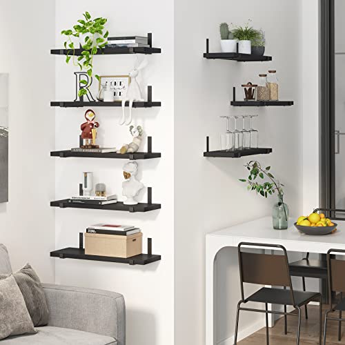 Fixwal Floating Shelves, Rustic Wood Wall Shelves Set of 8, Farmhouse Wall Decor for Bedroom, Living Room, Kitchen and Bathroom (Black)