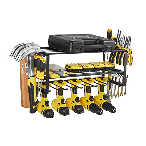 FOTEEMO Power Tool Organizer For Tool Storage, Heavy Duty Garage Wall Tool Storage Organizer 5 Drills Holders Organizers And Storage Household Wall Mount Utility Organizer Rack For Men (Black)