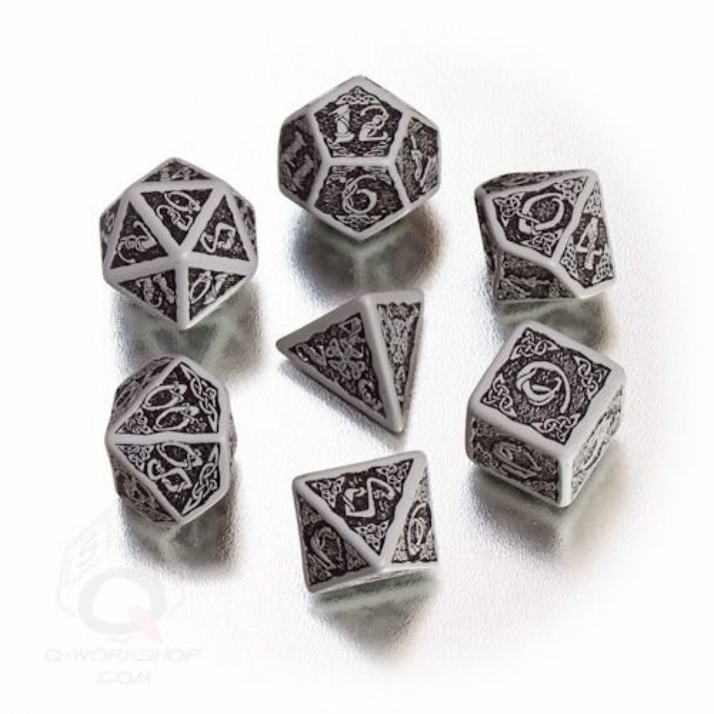 Q Workshop Polyhedral 7-Die Set: Celtic 3D Gray & Black Dice Set!
