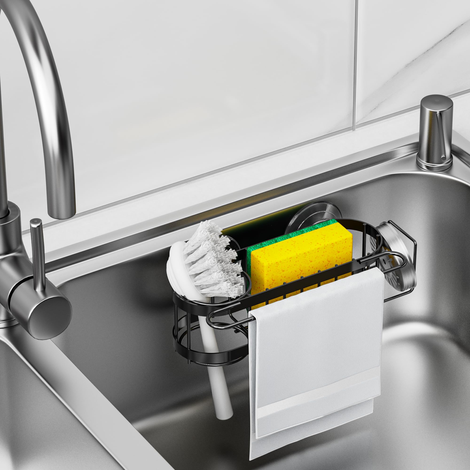Cisily Kitchen Sink Caddy Sponge Holder in The Sink, Stainless Steel Kitchen Sink Organizer, Brush Holder, Dish Cloth Hanger, Sink Stopper Holder with 2 Installation Ways (Suction & Adhesives