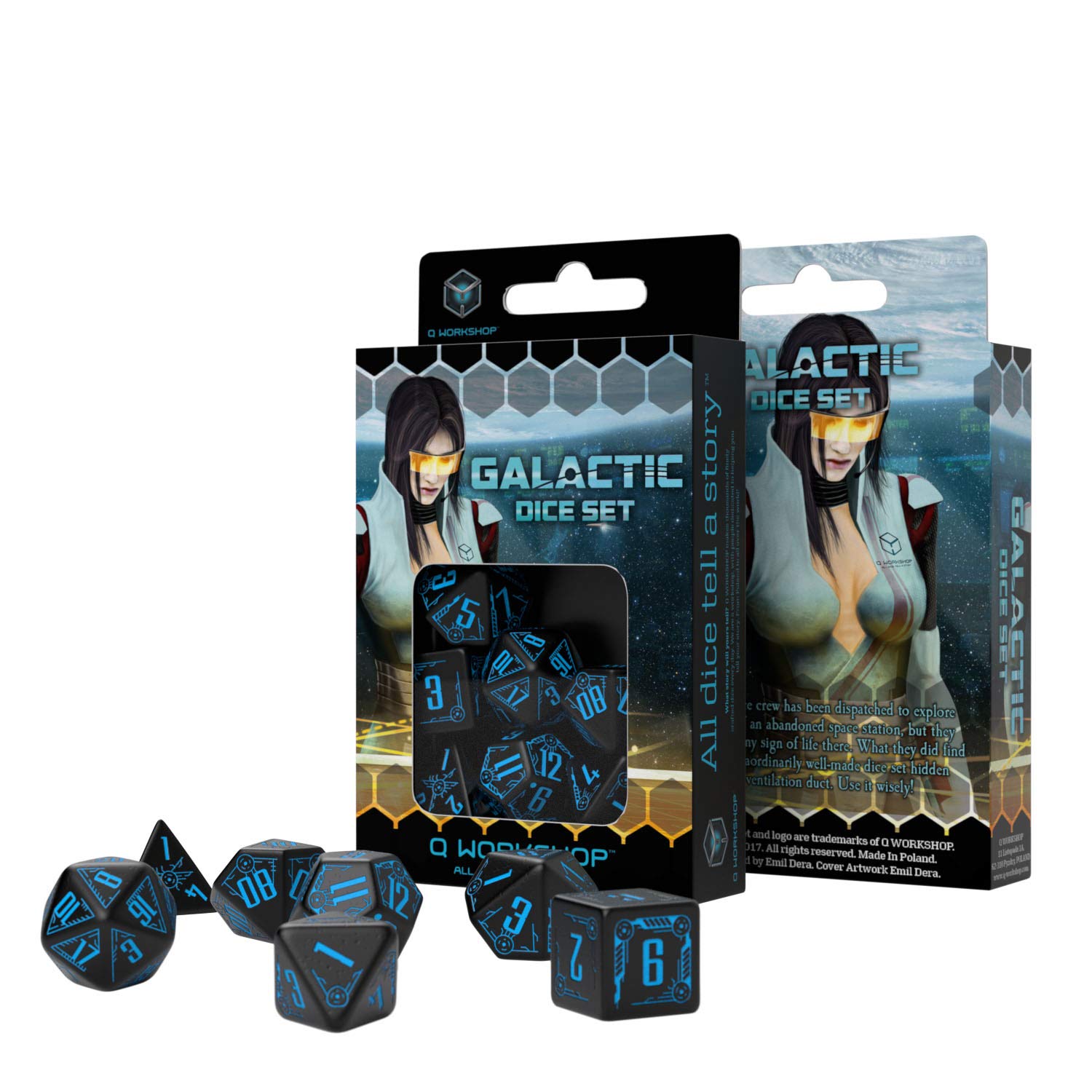 Q-Workshop Galactic Black & Blue RPG Ornamented Dice Set 7 Polyhedral Pieces,QWOGAL67