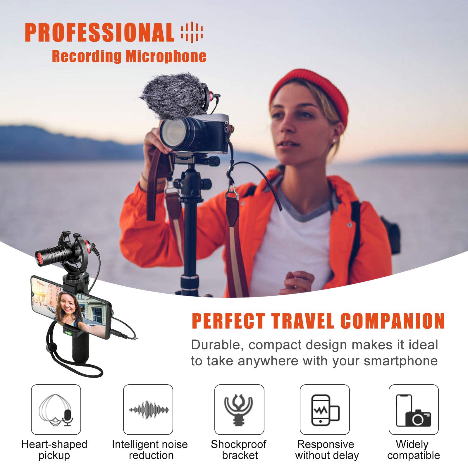 Cenawin Video Microphone, Universal Camera Microphone with Shock Mount for iPhone Android Smartphones, Vlogging,Canon EOS, Nikon DSLR Camera, Panasonic, and Camcorders - Shotgun Microphone