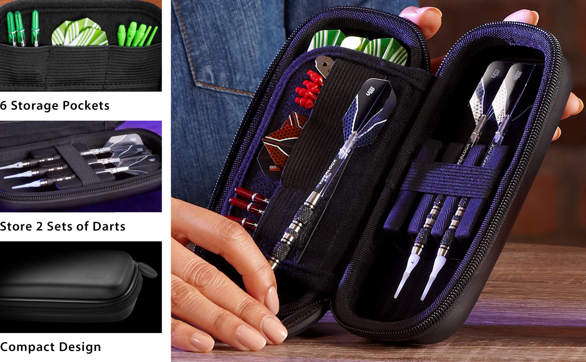 Casemaster Sentry 6 Dart Case Slim, Holds Extra Accessories, Tips, Shafts and Flights, Compatible with Steel Tip and Soft Tip Darts, Impact & Water Resistant TacTech Shell, Blue Zipper