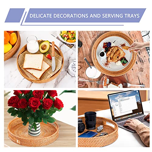 FIYAMMY Large Round Rattan Serving Tray Set of 2, Woven Tray with Handles Serving Basket Wicker Fruit Bread Serving Basket for Coffee Table(13.8in x 2.8in;11.8in x 2.4in)