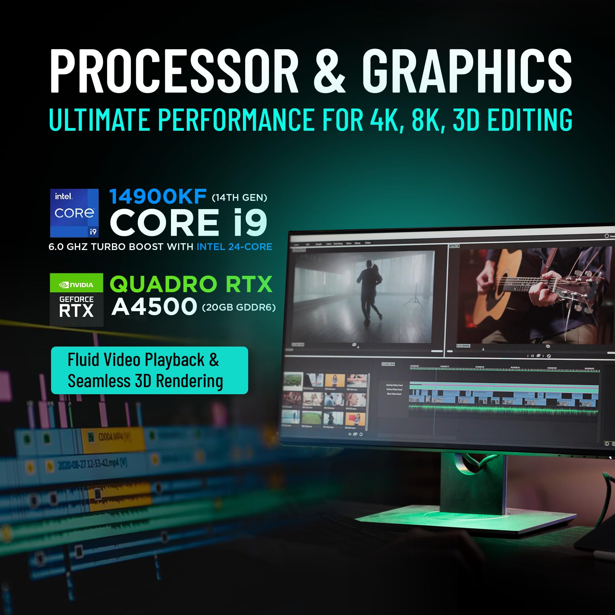 CPU Solutions Video Editing PC, CEV-8937-2 - Ultra 4K 8K Workstation - Intel i9-14900KF, 6.0GHz 24-Core, 64GB DDR5, 4TB Storage (2TB NVMe & 2TB SSD), Quadro RTX A4500, Windows 11 Pro Computer Tower