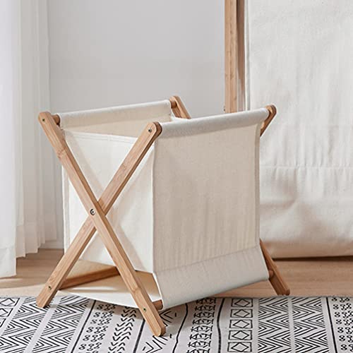generic Laundry Basket Collapsible Bamboo Laundry Hamper with Cloth Bag - Freestanding X-Frame Clothes Hamper Organizer Household Storage Basket for Clothes Toys - Beige, 18x5x2 Inch