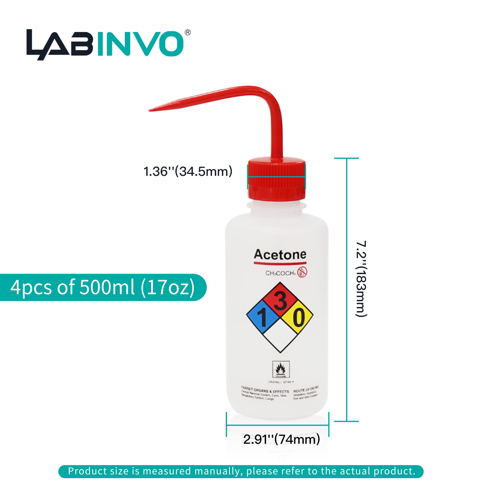 LABINVO 4pcs of Acetone Wash Bottles, Vol.500ml (17oz), Narrow Mouth, Self-Venting Safety Wash Bottles, LDPE Material, IN-WBA500