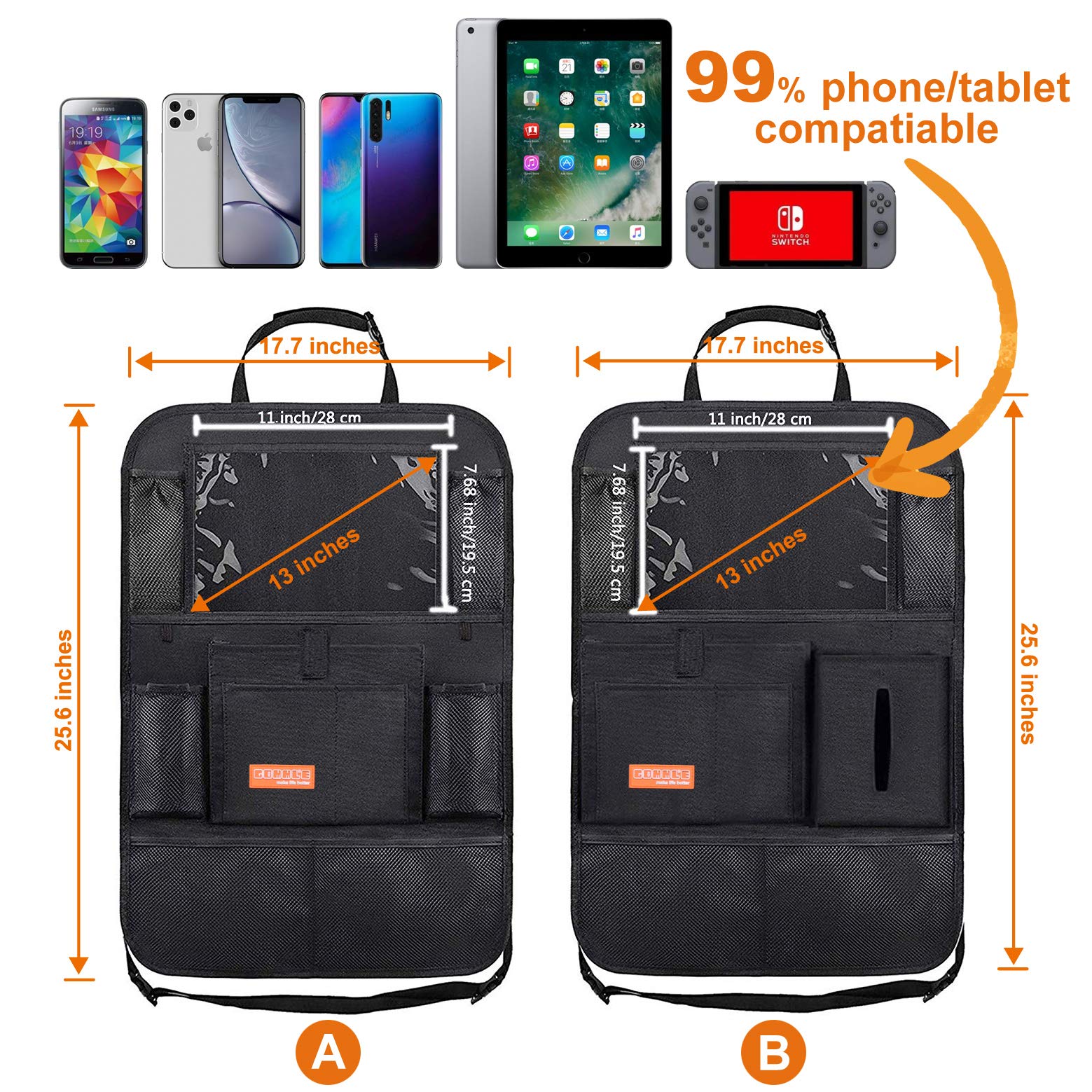 Car Backseat Organizer for Kick Mat, Extended Size and Larger Pockets Car Back Seat Protector with 11" Screen Tablet Holder + 19 Storage Pockets for Toy Bottle Tissue Box Travel Accessories (2 Pack)