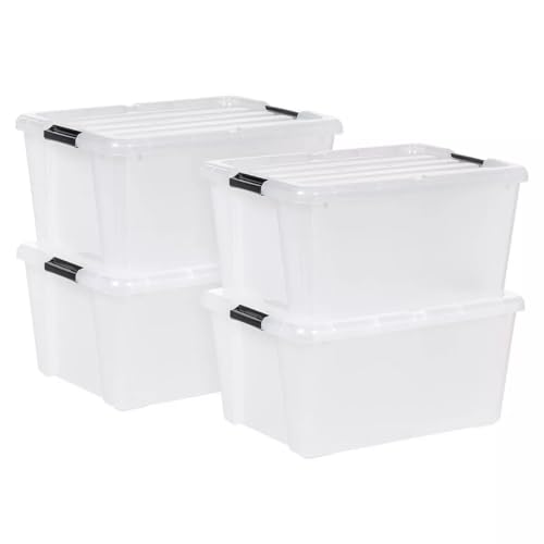 TENAS 45qt Plastic Storage Container Bin with Secure Lid and Latching Buckles, Stackable Storage Bin, Clear Base and Lid,Great for Storage and Organization (4-Pack) (Clear)