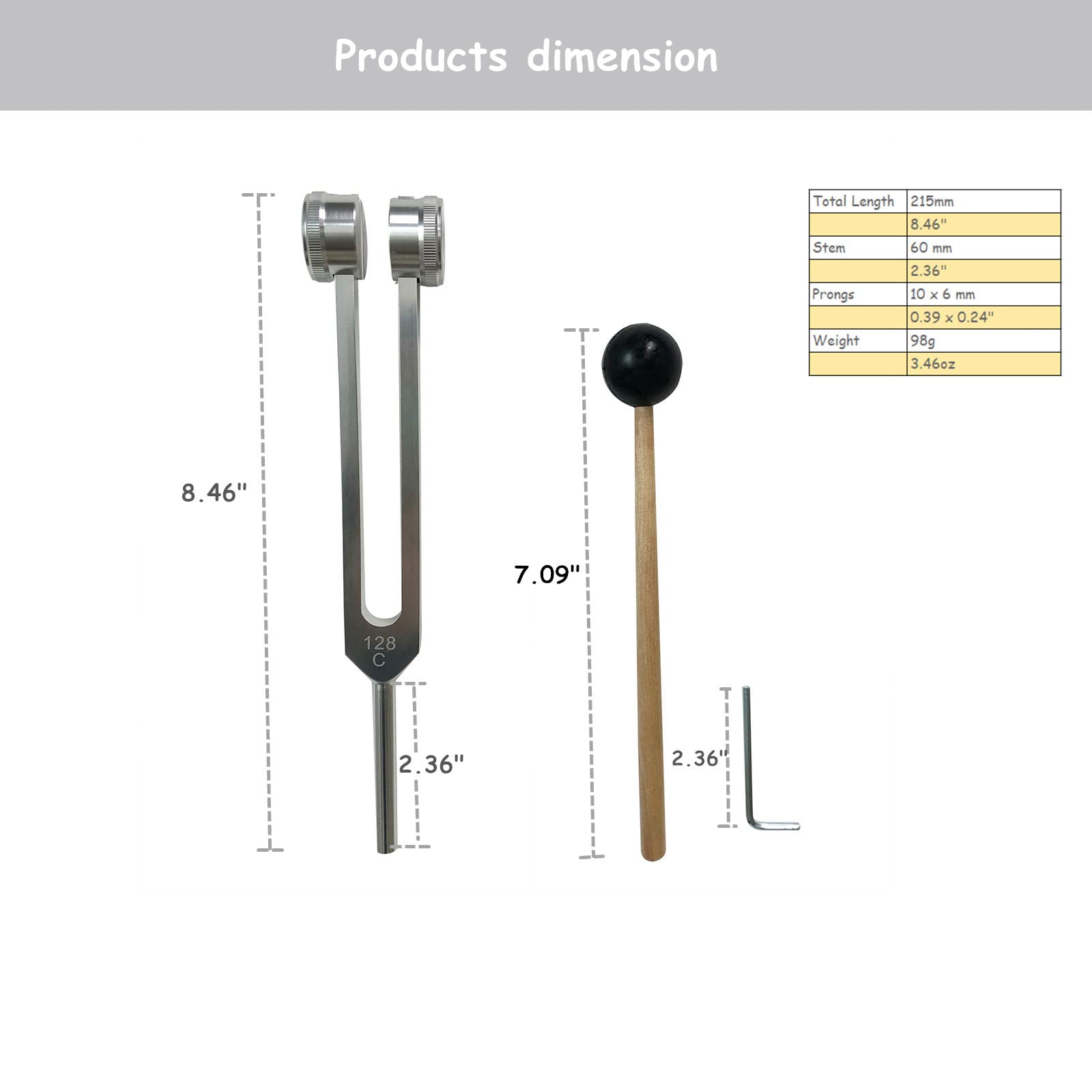 Craymin 128 Hz Tuning Fork with Silicone Hammer, Repair Tool and Cleaning Cloth Packed in Soft Zipper Velvet Bag (Siver)