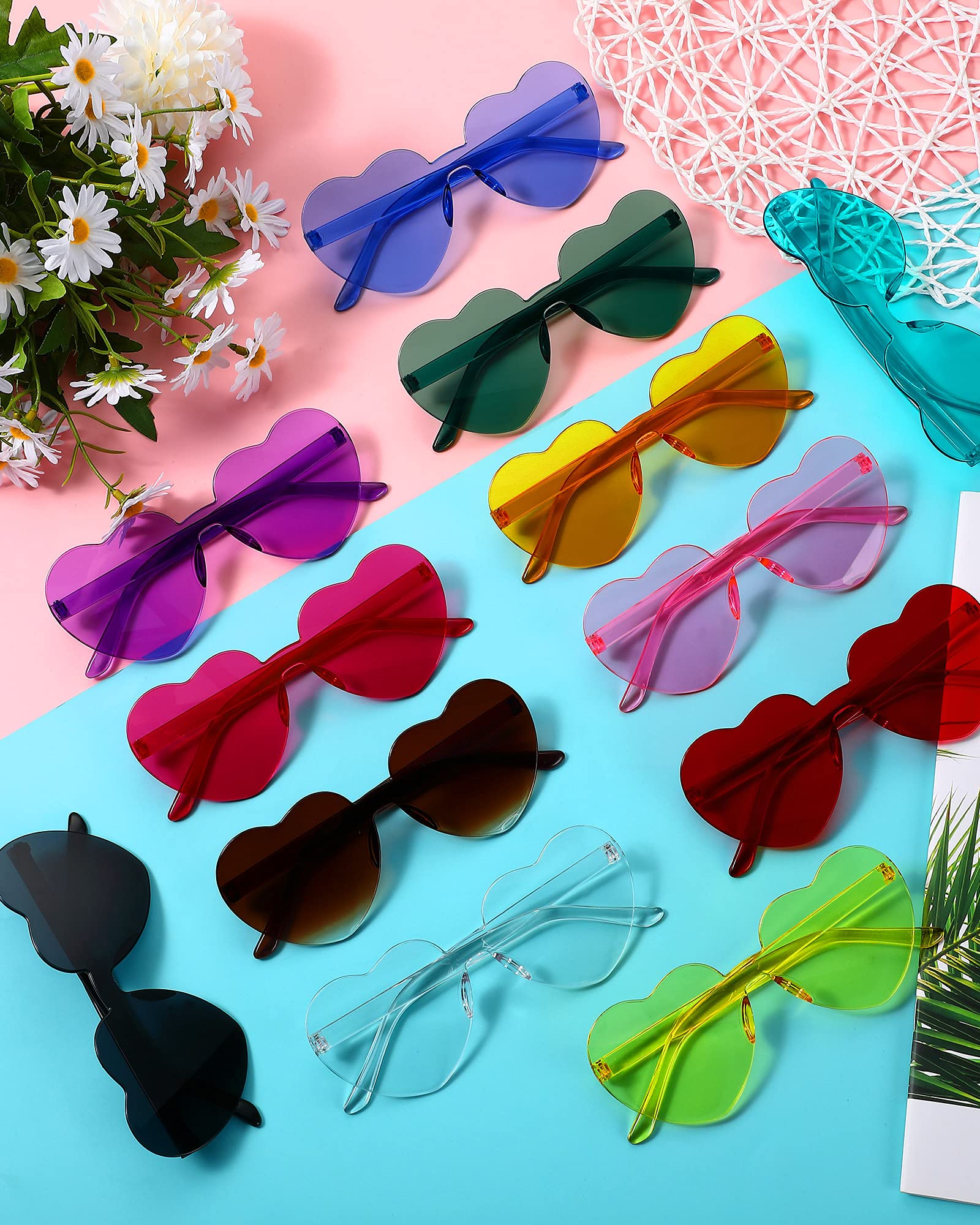 Colzzy 24 Pair Heart Shaped Rimless Sunglasses Transparent Candy Color Frameless Glasses Tinted Eyewear(Retro Colors)