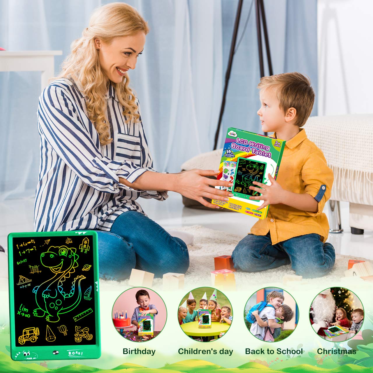 ZMLM LCD Writing Tablet Doodle Board: 10 Inch Boys Girls Toy for Age 3-12 Gift | Erasable 120,000+, Drawing, Counting, Spelling Learning Board for Birthday Valentines Day Gifts, Green Dinosaurs
