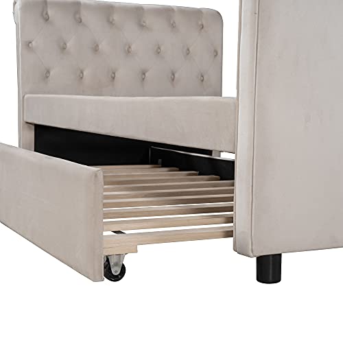 Harper & Bright Designs Twin Daybed with Trundle Bed, Twin Size Upholstered Daybed with Wood Slat Support, Upholstered Tufted Sofa Bed, No Box Spring Needed (Twin, Beige)
