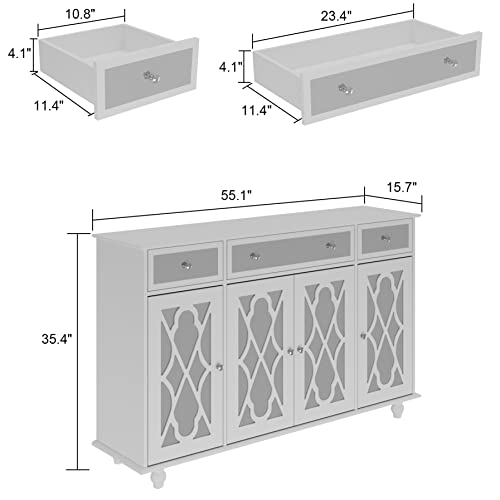 Homsee Buffet Sideboard Storage Cabinet with Mirror Doors, 3 Drawers & 6 Storage Compartments, Kitchen Cupboard Console Table for Hallway and Living Room, White (55.1”L x 15.7”W x 35.4”H)