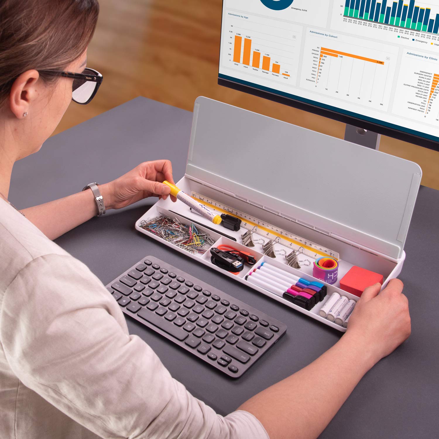 Com Zone Glass Desktop Whiteboard pad, 17.7β 8β, Small Dry Erase White Board, Computer Keyboard Stand, Tilt Surface for Comfortable Writing & Typing, Desk Organizer - Drawer for Storage Accessories