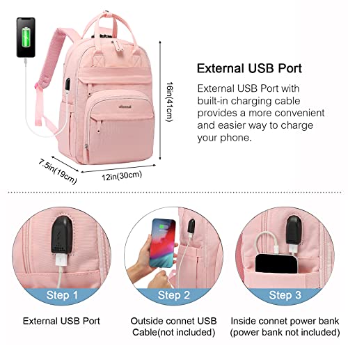 LOVEVOOK Laptop Backpack for Women, Travel Anti-theft Work Bag Business Computer Backpacks Purse College Bag, Casual Hiking Daypack with Lock, 15.6 Inch, Light Pink