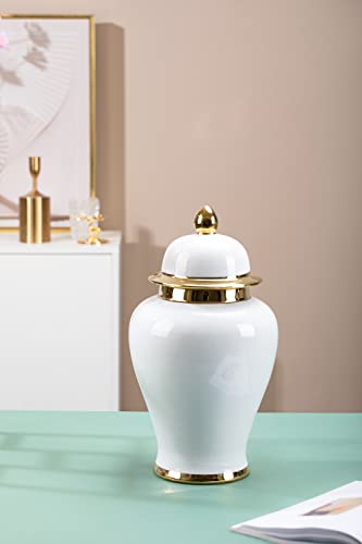 GaLouRo White Ginger Jar with Gold Trim, Ginger Jar Vase Decor for Centerpiece Table Decorations,Living Room Decor, Shelf Decor,15inches