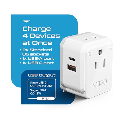 Ceptics Israel, Jordan Power Plug Adapter Travel, 20W PD & QC, Safe Dual USB & USB-C 3.1A -2 USA Socket - Use in Jerusalem, Palestine, UAE - Includes Type H, Type C, Type G Swadapt Attachments