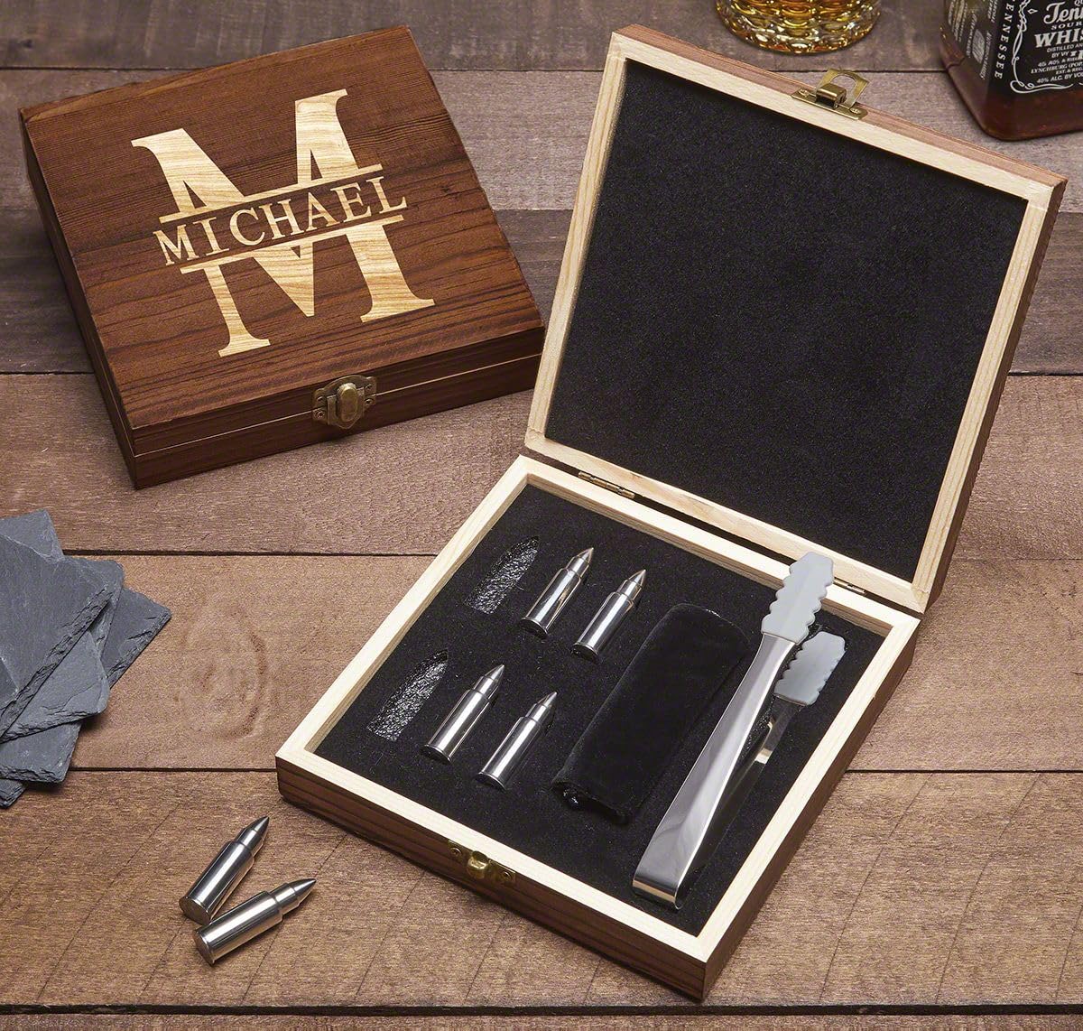 Custom Square Whiskey Glass Set with Bullet Whiskey Stones (Personalized Product)