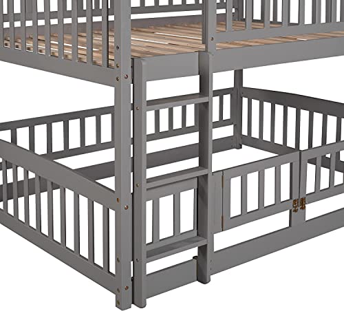 Harper & Bright Designs Low Bunk Beds Full Over Full, Wood Kids Bunk Bed with Slide, Fence and Ladder, Full Size Bunk Beds for Girls Boys, Grey