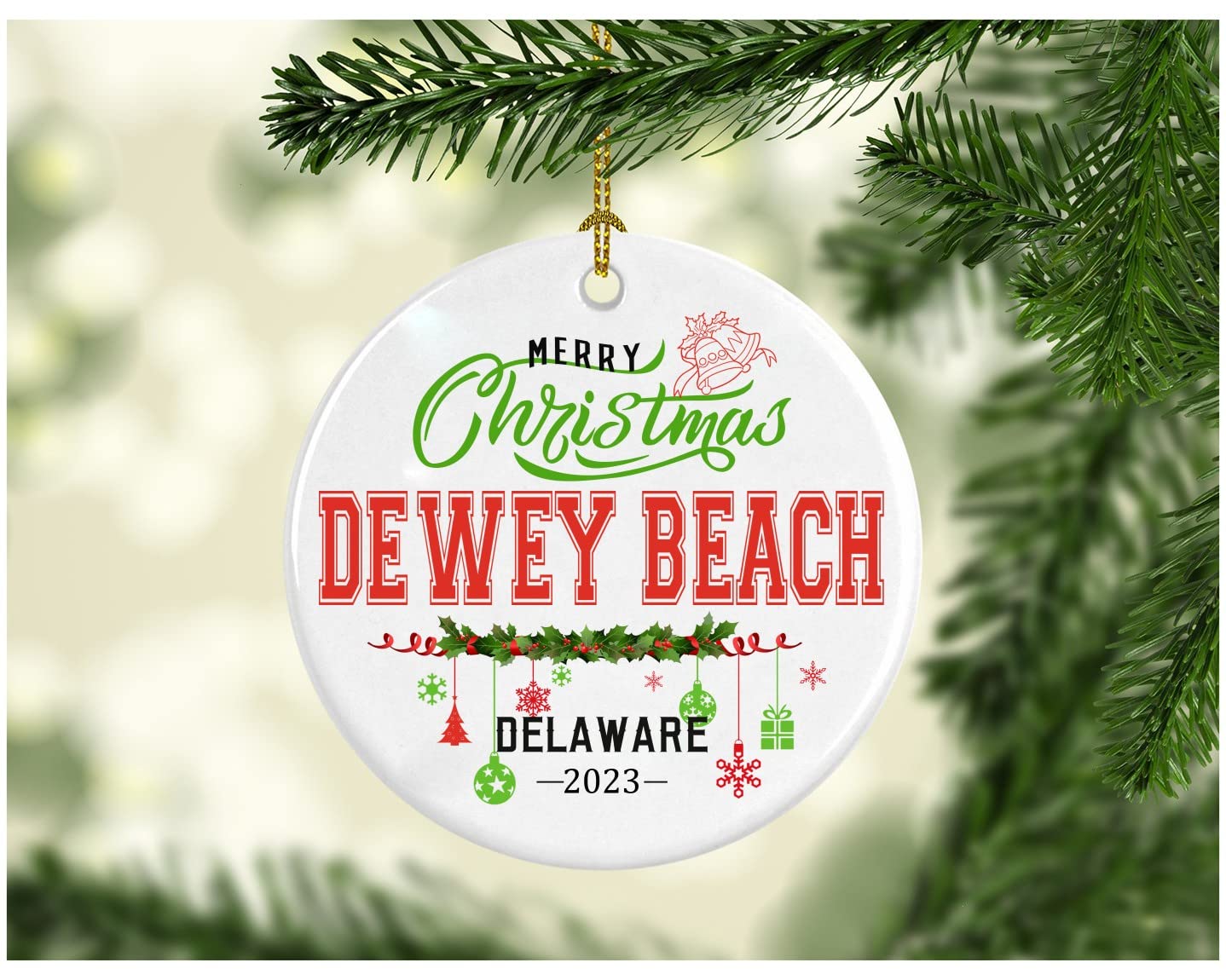 Christmas Decorations Tree Ornament 2023 Gifts Hometown City State - Merry Christmas Dewey Beach Delaware Gift for Family Rustic 1St Xmas Tree in Our New Home 3 Inches White