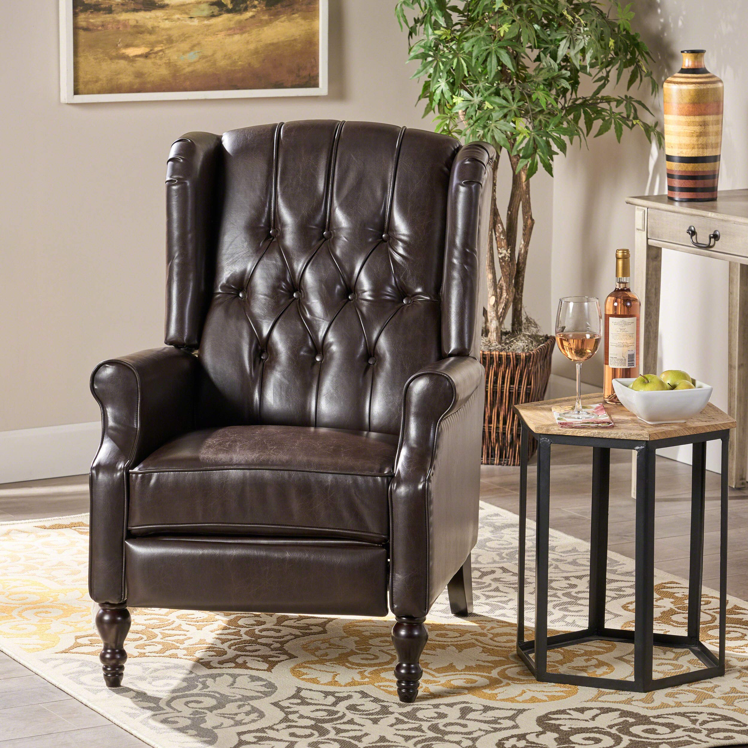 Christopher Knight Home GDFStudio Elizabeth Tufted Bonded Leather Recliner, Vintage Reclining Reading Armchair, 28.5D x 34.5W x 41H in, Brown