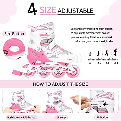 JeeFree 4 Size Adjustable Inline Skate for Kids,Children's Inline Skates with Light Up Wheel,Outdoor Illuminating Roller Blades Skates for Girls,Boys and Beginners