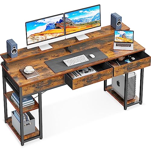 ODK Computer Desk with Drawers and Storage Shelves, 63 inch Home Office Desk with Monitor Stand, Modern Work Study Writing Table Desk for Small Spaces, Vintage
