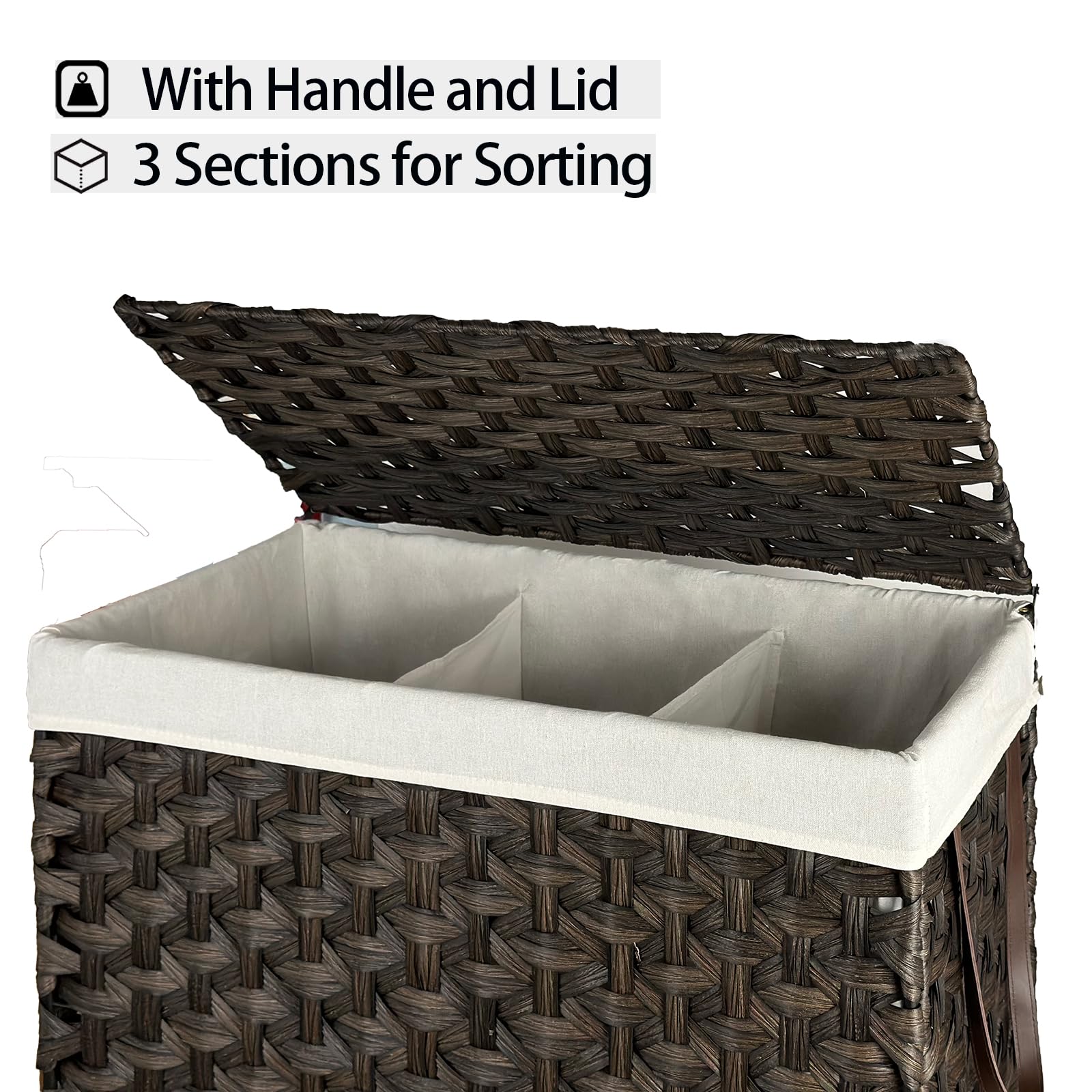 MOORLITER Wicker Laundry Basket with Lid, 34.3 Gallon(130L) Laundry Hamper with Wheels, 3 Section Laundry Hamper, Rolling Laundry Basket, Removable Liner, Laundry Room, 26x13x26 Inches, Dark Brown