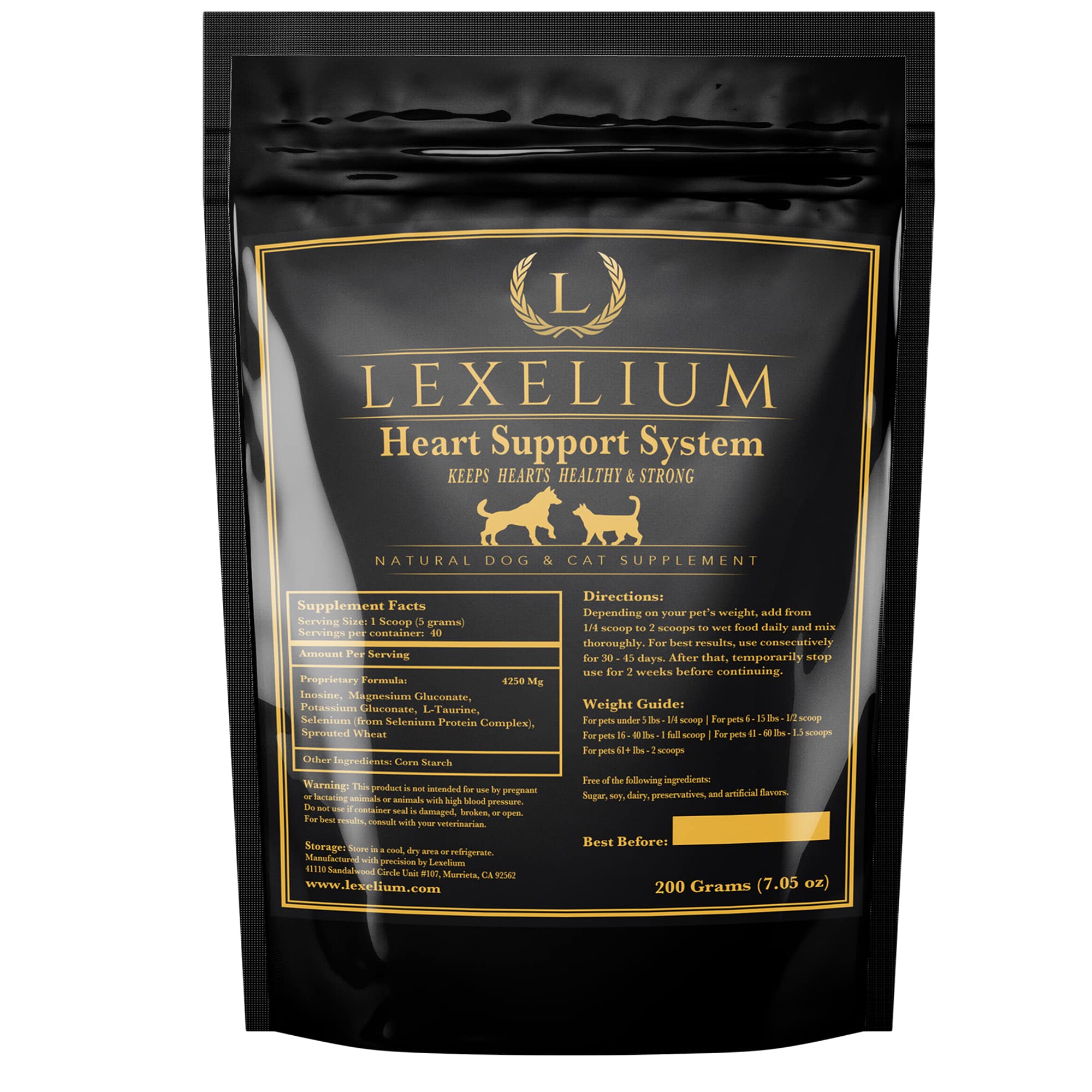 Lexelium Heart Supplement for Dogs and Cats - Provides Cardiovascular & Circulatory Support & Keeps Hearts Healthy with Taurine β Optimizes Heart Function & Circulation - Easy to Mix Powder - 200g