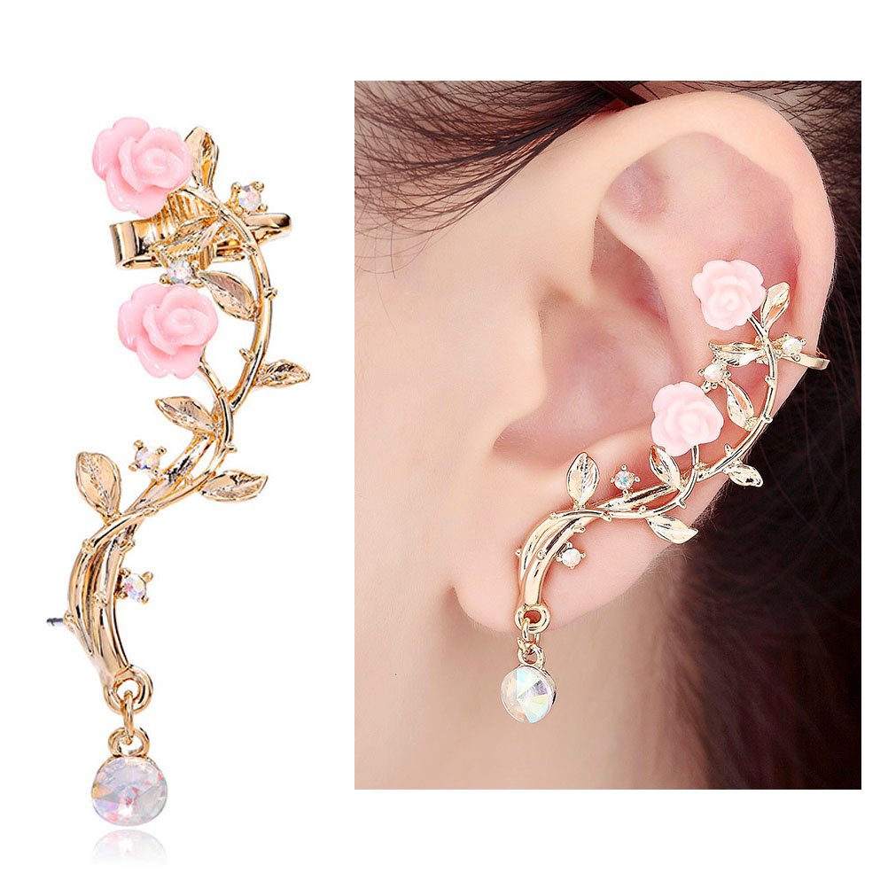 CIShop Pink Rose Zircon Ear cuff Earrings stud Punk Style Ear Wrap(Left ear)