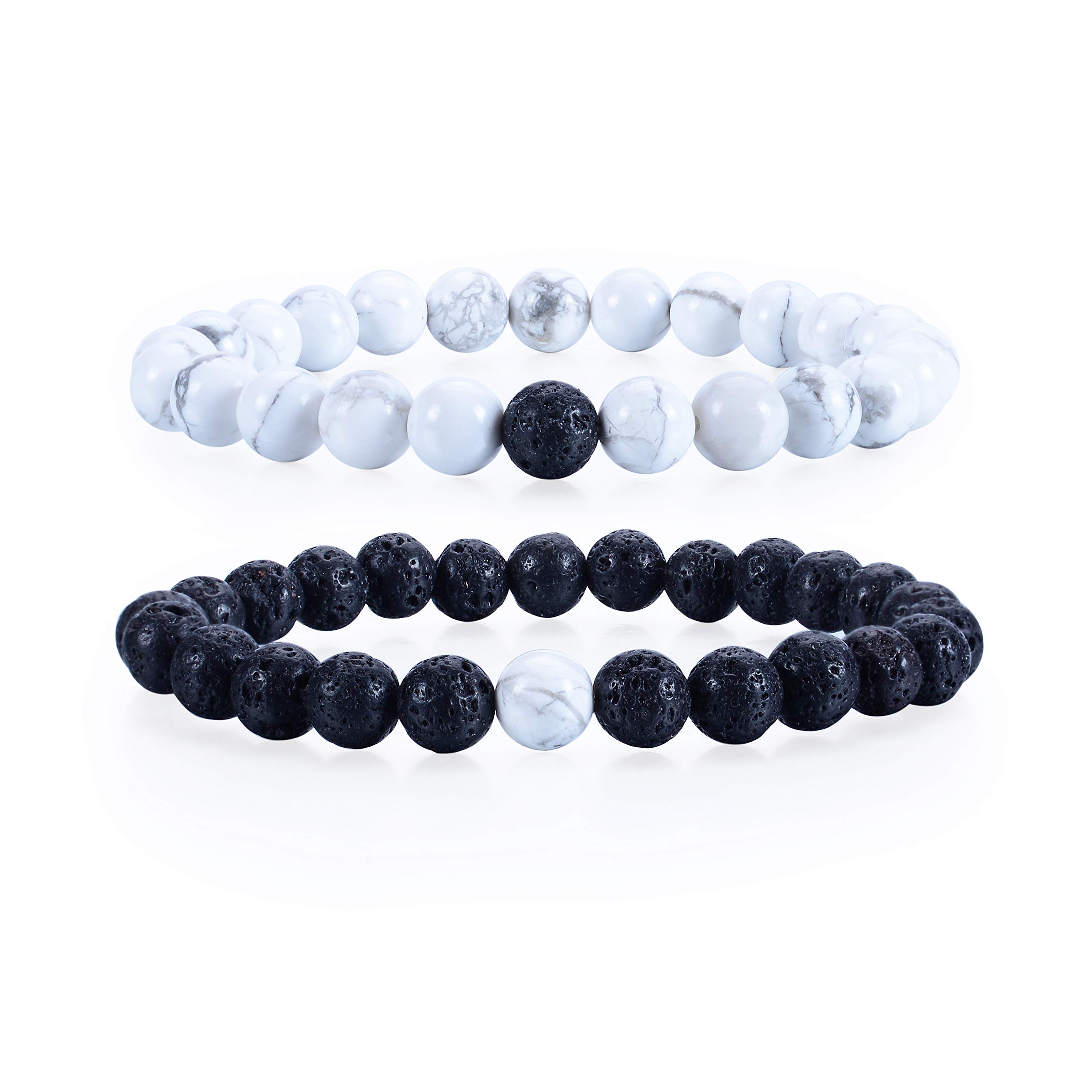 Cherry Tree Collection Couples Distance Bracelets | His and Hers | Gemstone Beaded Stretch Bracelets 8mm Round Beads (Matte Black Agate and Matte Clear Quartz - Large/Medium)