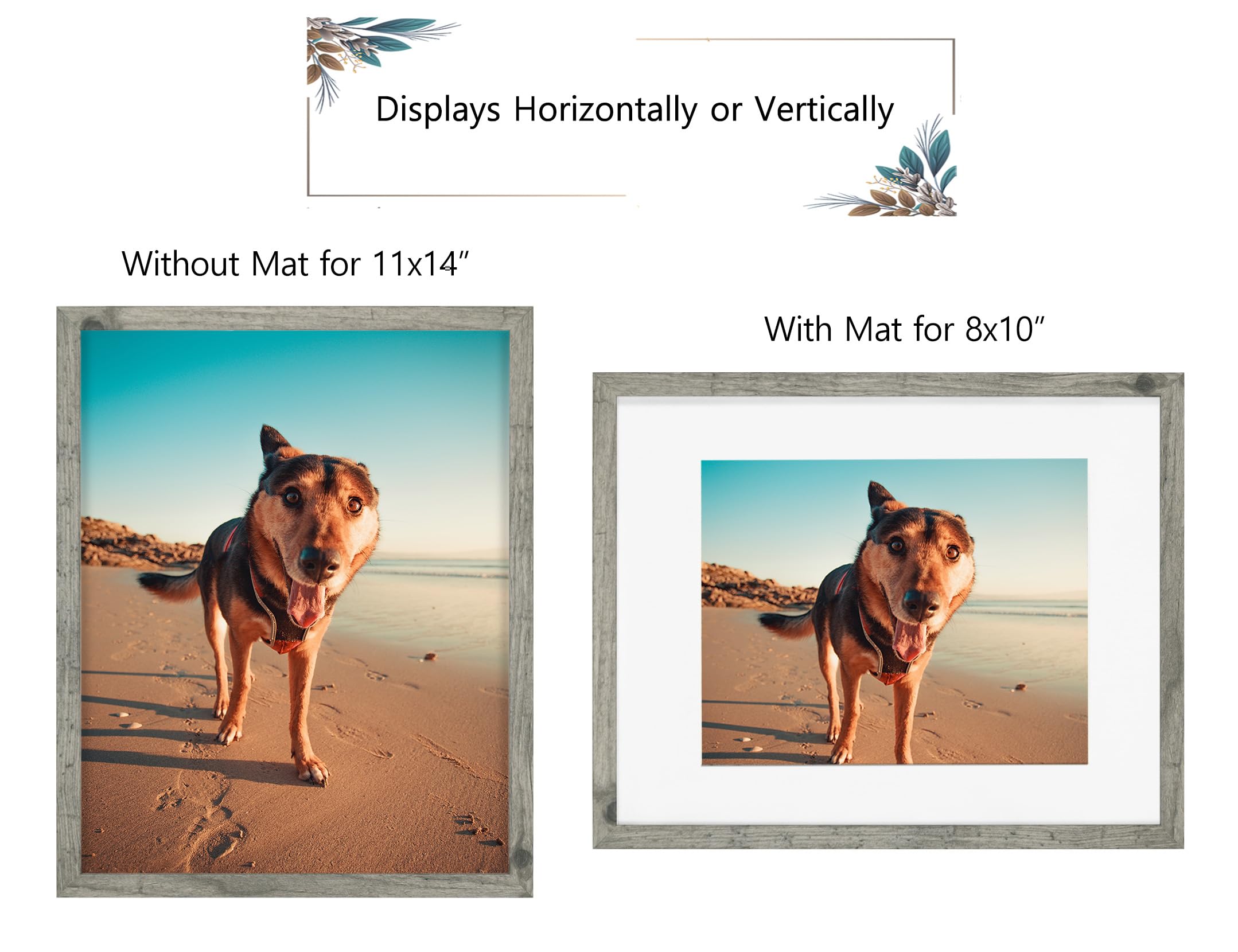 Califortree Gray 11x14 Picture Frame - Can Display Photo 8x10 with Mat, Engineered Wood Frame with Shatterproof Plexiglass, Horizontal and Vertical Display for Wall, Set of 2