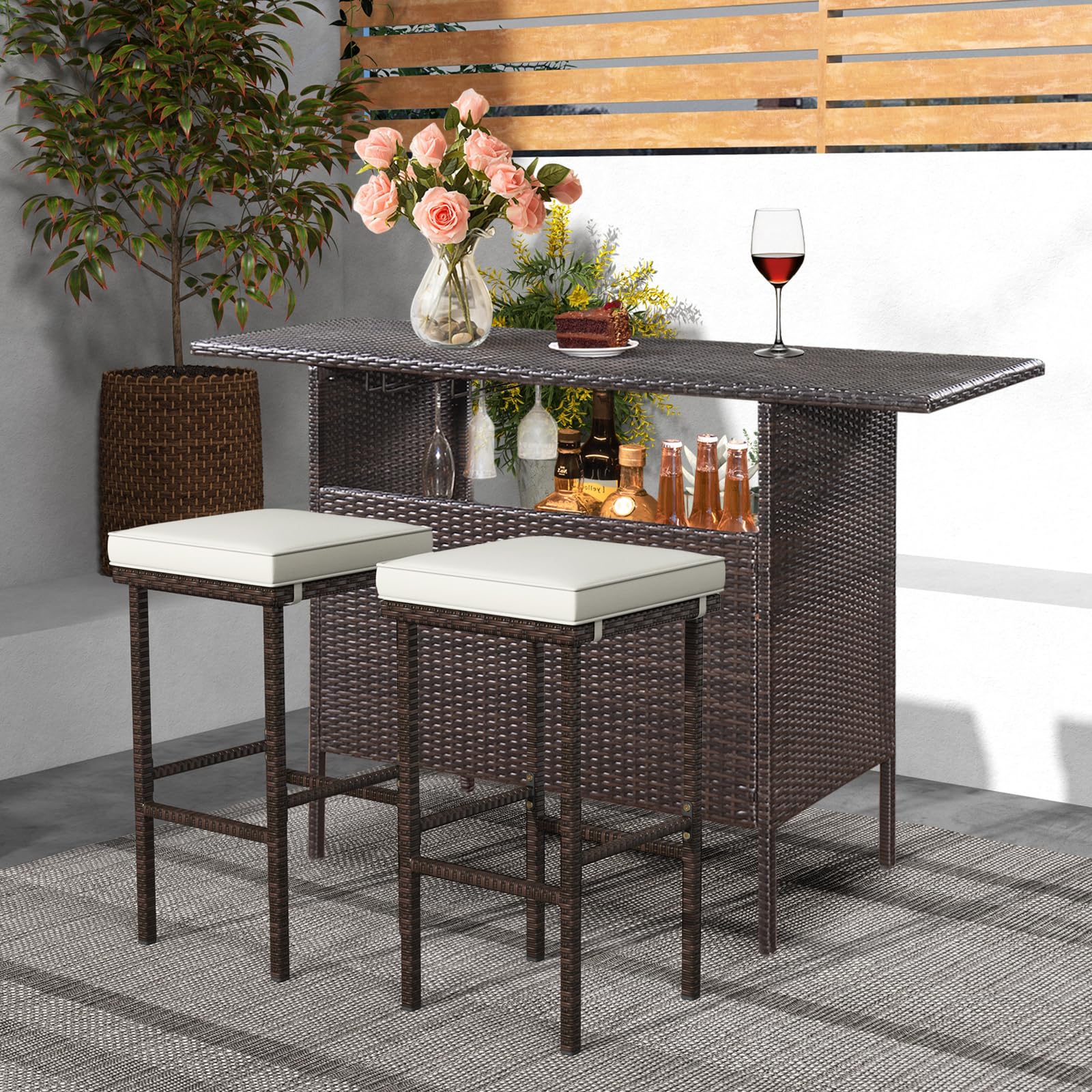 HAPPYGRILL Wicker Bar Stools Set of 2, Bar Height Bistro Stools with Removable Seat Cushions, Backless Patio Pub Stools with Footrest Support 400 LBS, for Balcony, Poolside