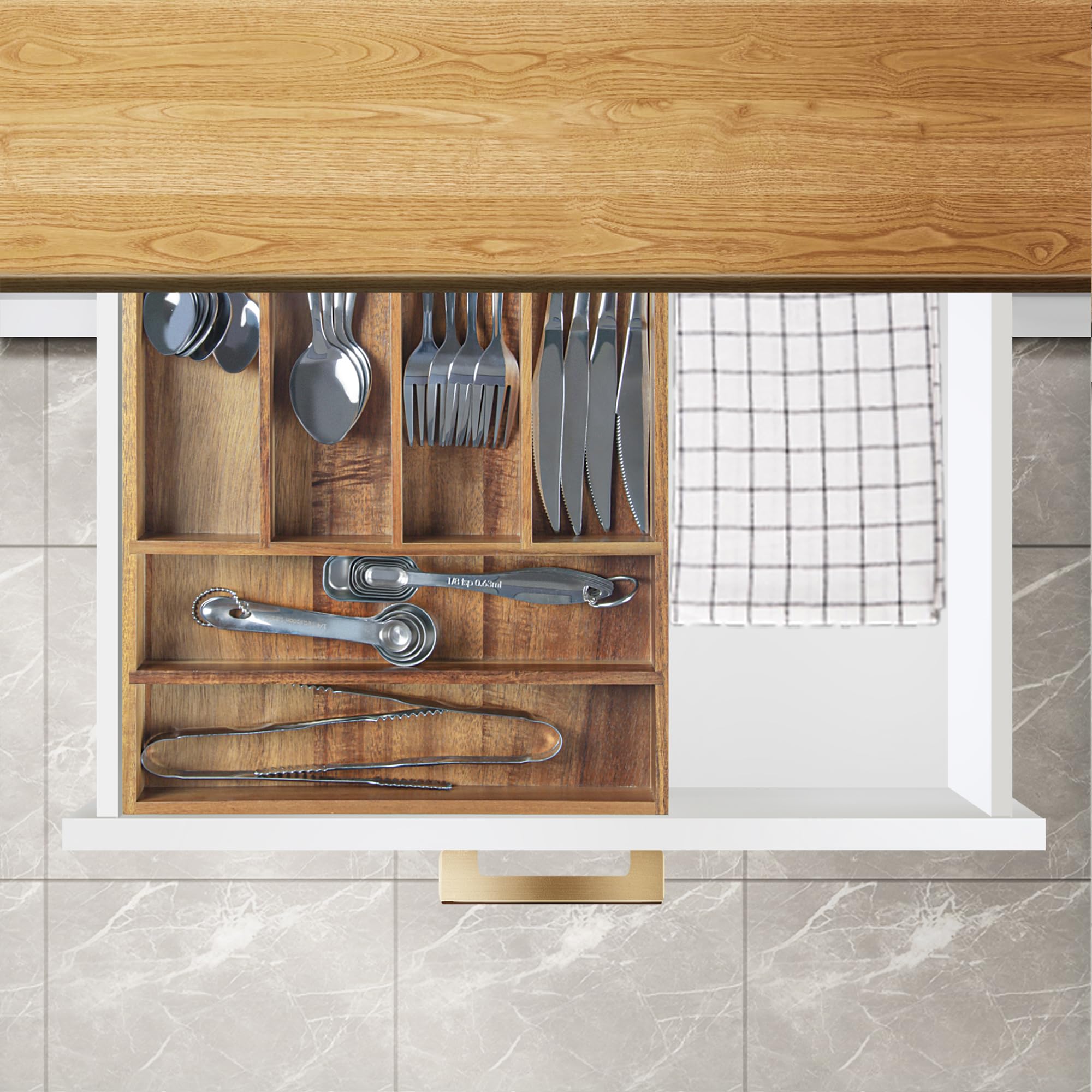KITEISCAT Acacia Wood Silverware Organizer, Kitchen Utensil Drawer Organizer for Forks, Knives & Spoons, 6-Compartment Cutlery Tray, Flatware Holder