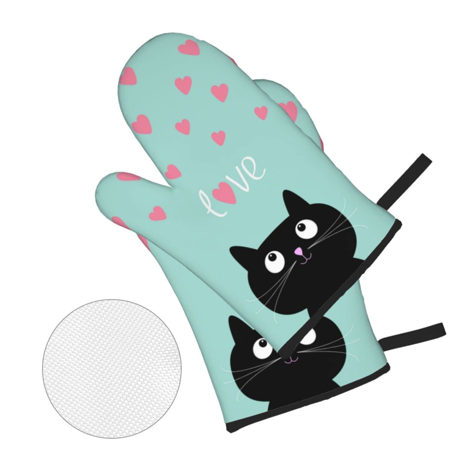 Cute Black Cat Love Oven Mitts and Pot Holders 4pcs Sets,Funny Kitchen High Heat Resistant Oven Mitts,with Oven Gloves and Hot Pads Pot Holders for Baking Cooking BBQ Grilling